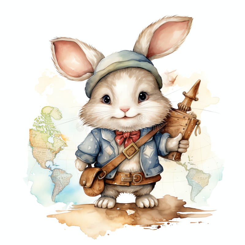 Cute Bunny with Pirate Map Watercolor Illustration Stock Illustration ...