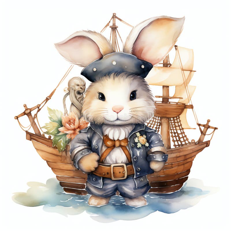 Cute Bunny with Pirate Ship Watercolor Illustration Stock Illustration ...