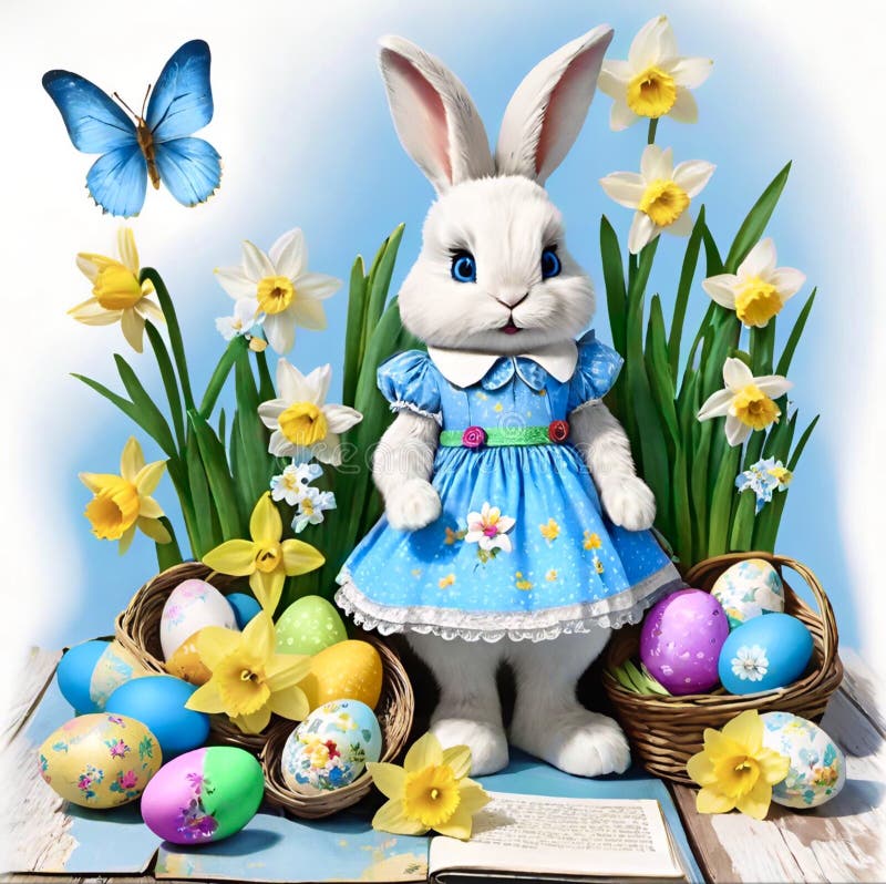 A Charming Bunny is Posing Near the Easter Eggs and Fresh Daffodils ...