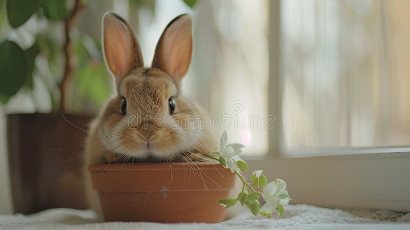 Cute Bunny in a Pot with Flowers Stock Illustration - Illustration of ...