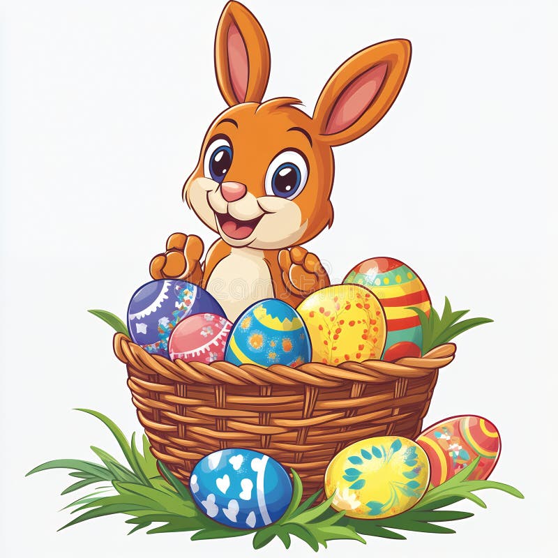 Cute Bunny Rabbit in a Basket Full of Easter Eggs Stock Illustration ...