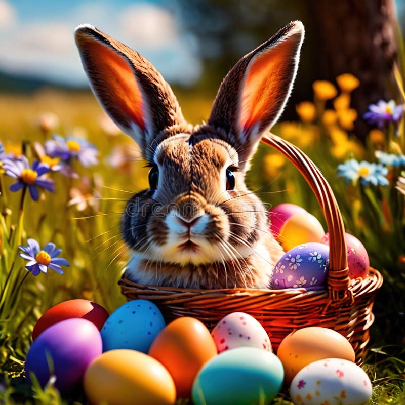 Cute Bunny Rabbit with Colorful Easter Eggs, Traditional Easter Spring ...