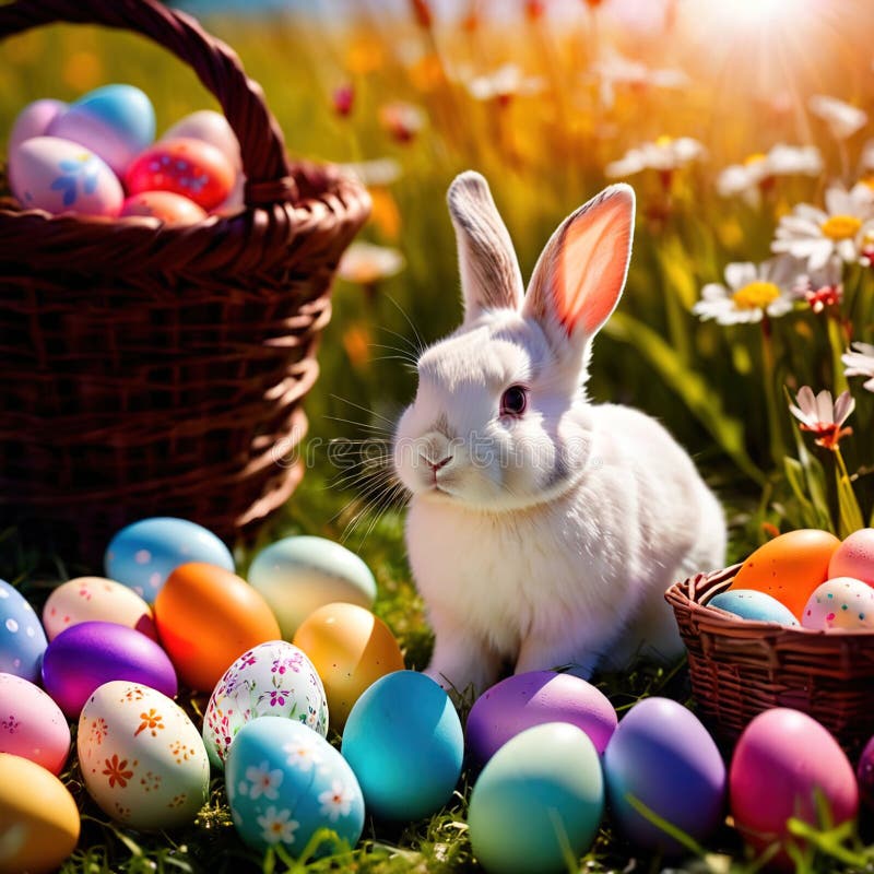 Cute Bunny Rabbit with Colorful Easter Eggs, Traditional Easter Spring ...
