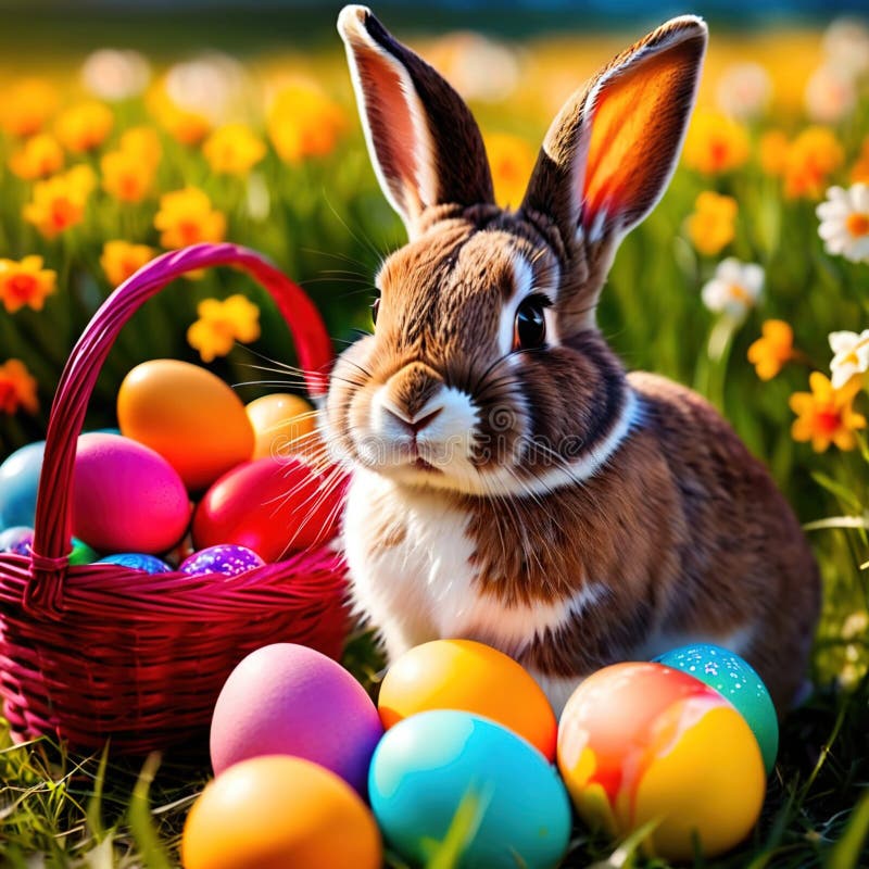 Cute Bunny Rabbit with Colorful Easter Eggs, Traditional Easter Spring ...