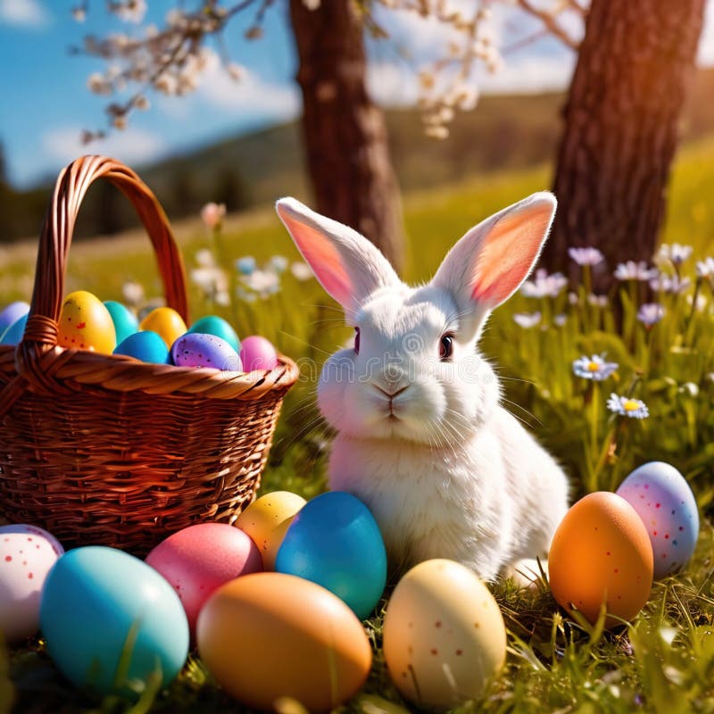 Cute Bunny Rabbit with Colorful Easter Eggs, Traditional Easter Spring ...