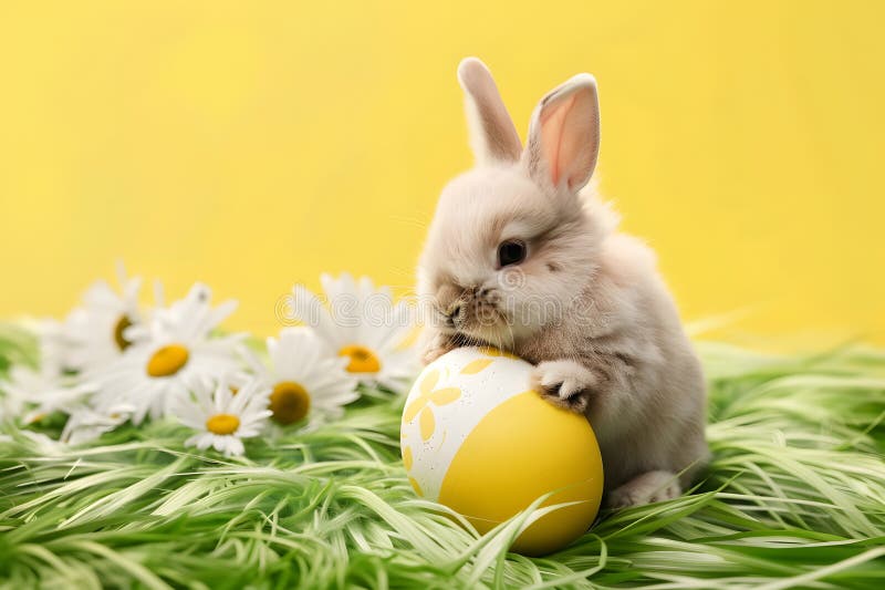 Cute Bunny Rabbit, Easter Egg and Flowers. Concept of Happy Easter Day ...