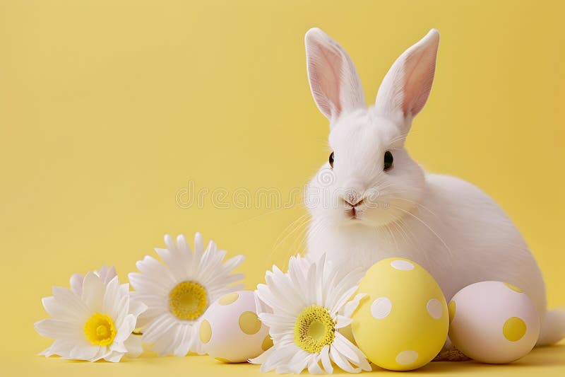 Cute Bunny Rabbit, Easter Eggs and Flowers. Concept of Happy Easter Day ...