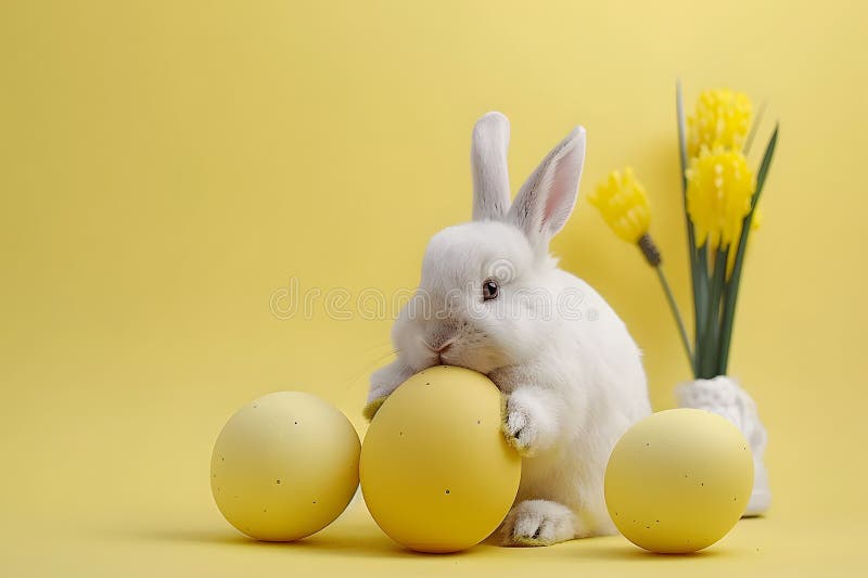 Cute Bunny Rabbit, Easter Eggs and Flowers. Concept of Happy Easter Day ...