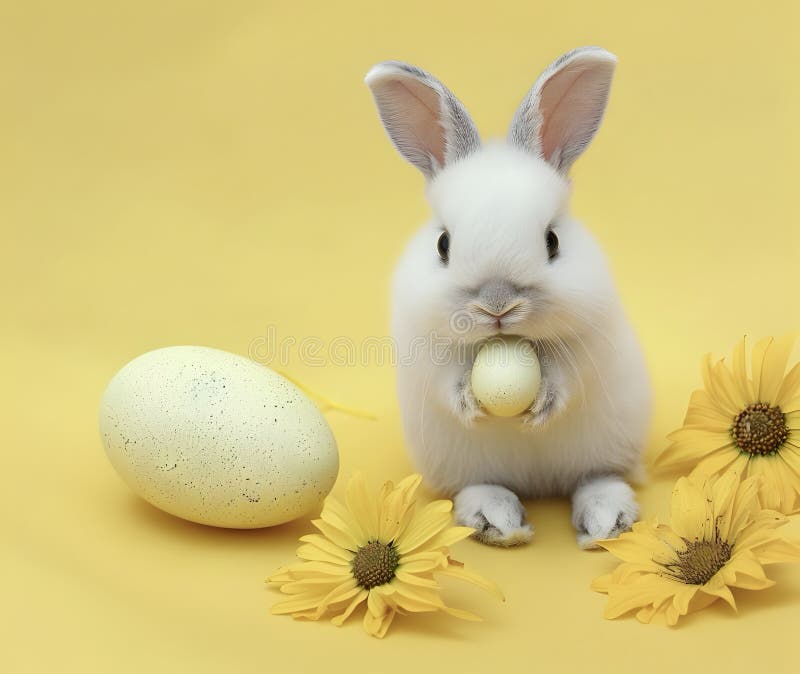 Cute Bunny Rabbit, Easter Eggs and Flowers. Concept of Happy Easter Day ...