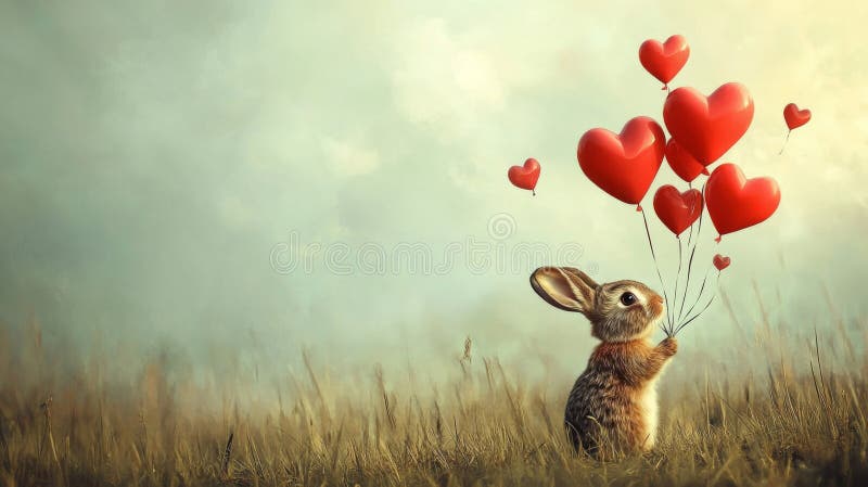 A Cute Bunny Rabbit Holds Red Heart Balloons Stock Illustration ...