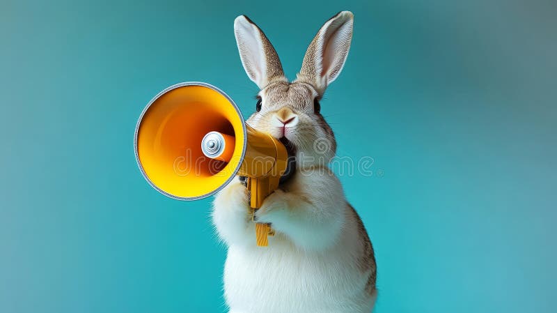 Cute Bunny Rabbit Holds a Yellow Megaphone, Broadcasting a Message on a ...