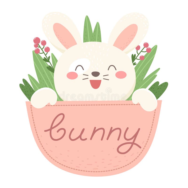 Cute Bunny, Rabbit in the Pocket, Herbs and Berries. Stock Vector ...