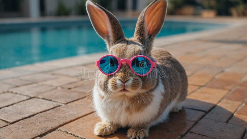 Cute Bunny Rabbit by the Pool for Summer in Googles. Stock Photo ...