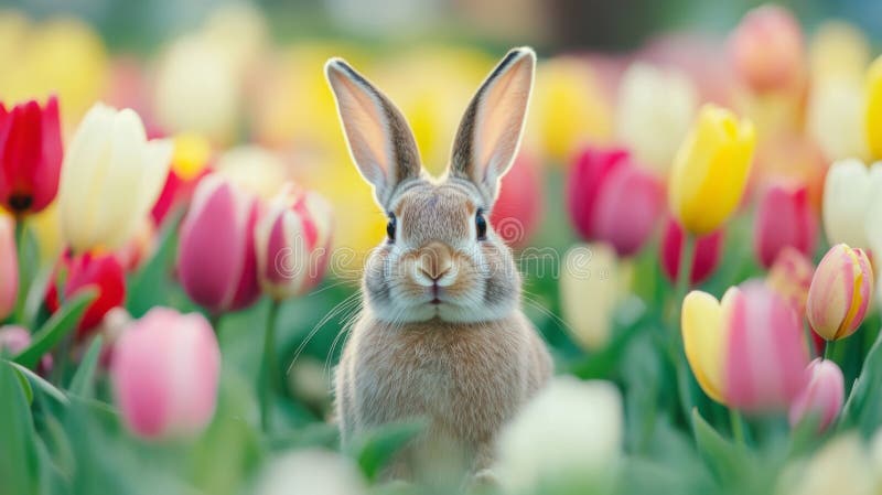 A Cute Bunny Rabbit Sits Amongst Colorful Tulips Stock Illustration ...