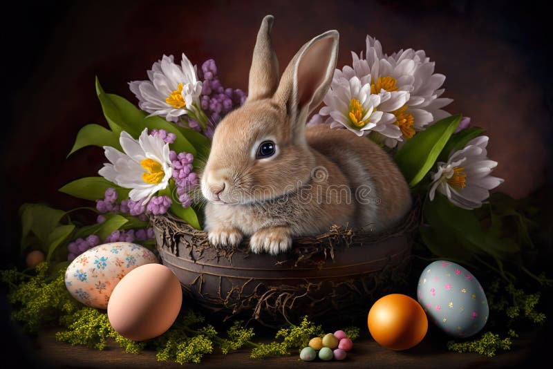 A Cute Bunny Rabbit Sitting in a Pot with Flowers and Some Easter Eggs ...