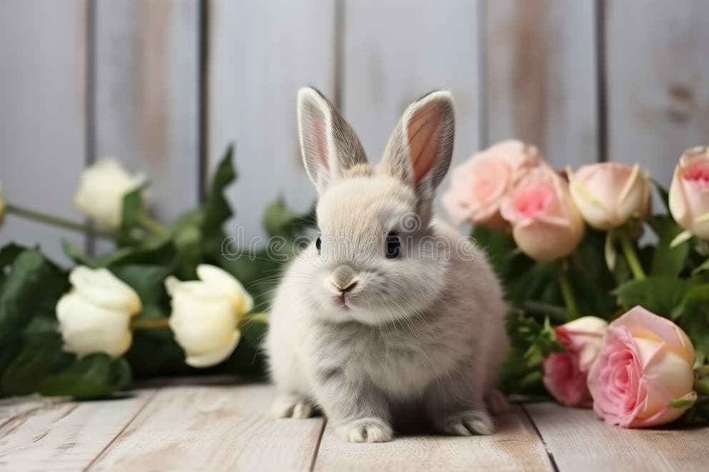 Cute Bunny, Rabbit with Spring Flowers, Easter Holiday Concept Stock ...
