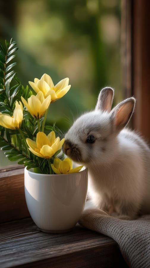 Cute Bunny Rabbit with Yellow Flowers in Pot on Window Sill Stock Image ...