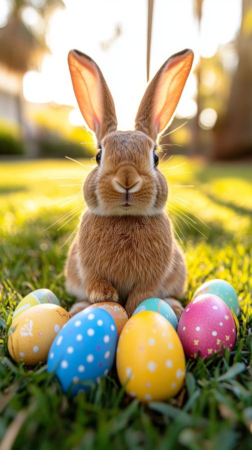 A Cute Bunny Relaxes by Colorful Eggs, Basking in the Warm Sun ...