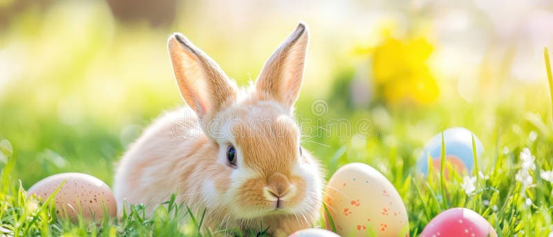 Cute Bunny Relaxing among Colorful Easter Eggs Stock Photo - Image of ...