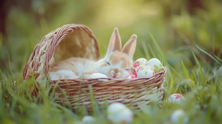 A Cute Bunny Resting Inside a Wicker Basket on a Grassy Field ...