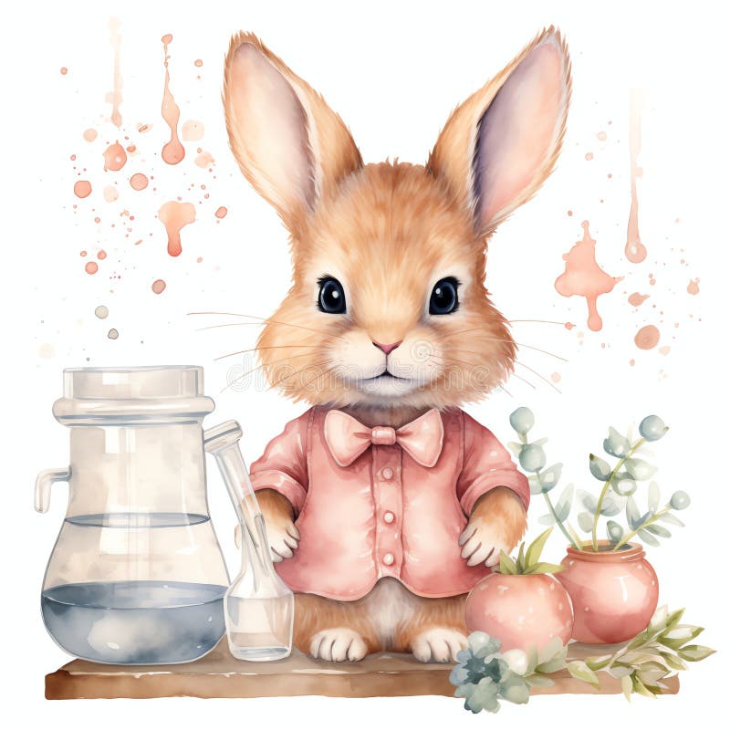 Cute Bunny with Science Kit Watercolor Illustration Stock Illustration ...