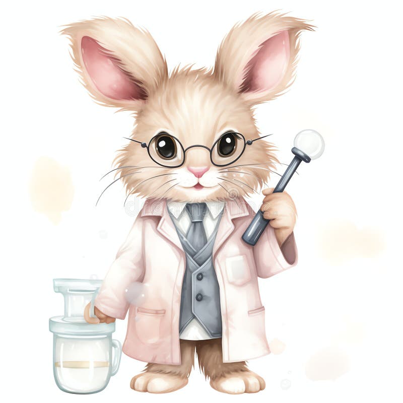 Cute Bunny with Scientist Lab Coat Watercolor Illustration Stock ...