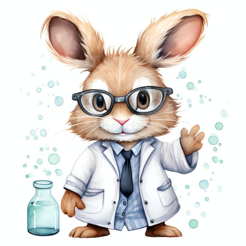 Cute Bunny with Scientist Lab Coat Watercolor Illustration Stock ...