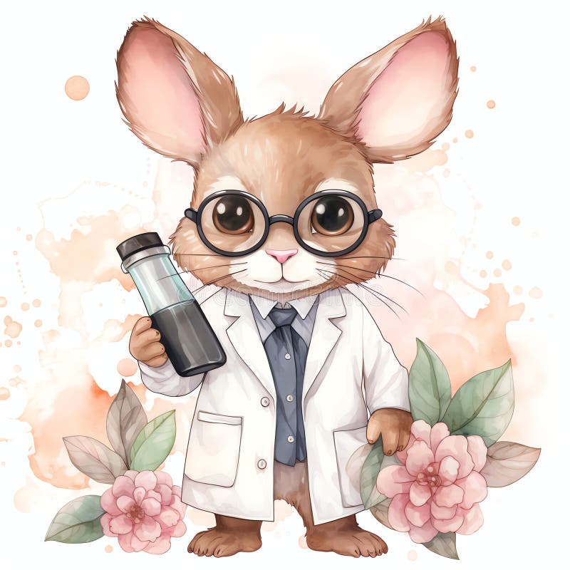 Cute Bunny with Scientist Lab Coat Watercolor Illustration Stock ...