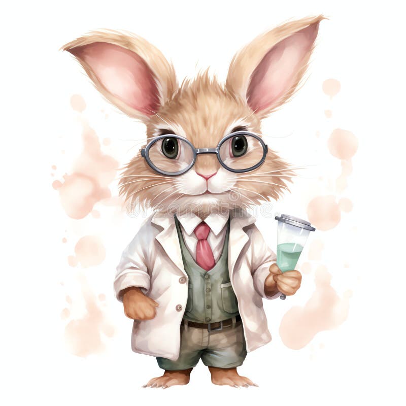 Cute Bunny with Scientist Lab Coat Watercolor Illustration Stock ...