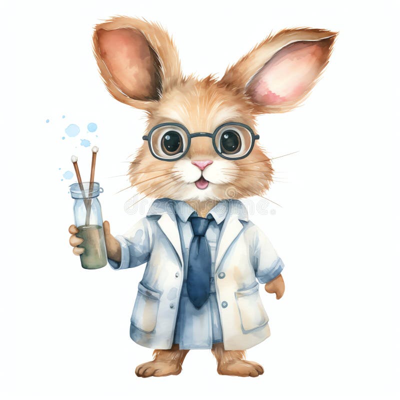Cute Bunny with Scientist Lab Coat Watercolor Illustration Stock ...