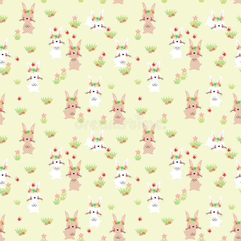 Cute Bunny Seamless Pattern Vector. Lovely Bunny in Flowers Background ...