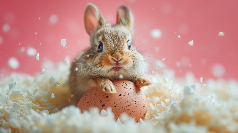 Cute Bunny and Single Easter Egg on Pink Background. Concept of Happy ...