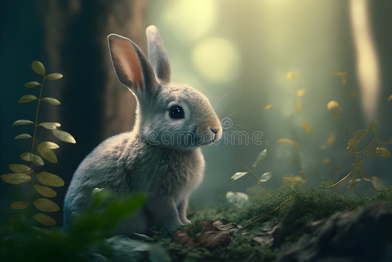 Cute Bunny Siting on the Grass in the Forest Stock Illustration ...