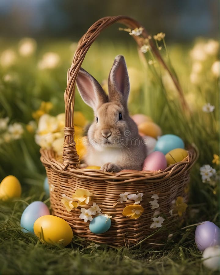 A Cute Bunny Sits in a Basket in a Meadow Surrounded by Easter Eggs ...