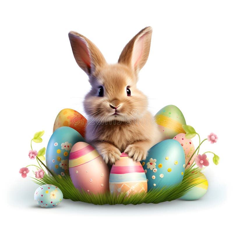 Rabbit Sitting in Front of Easter Decorated Eggs. Generative AI Stock ...