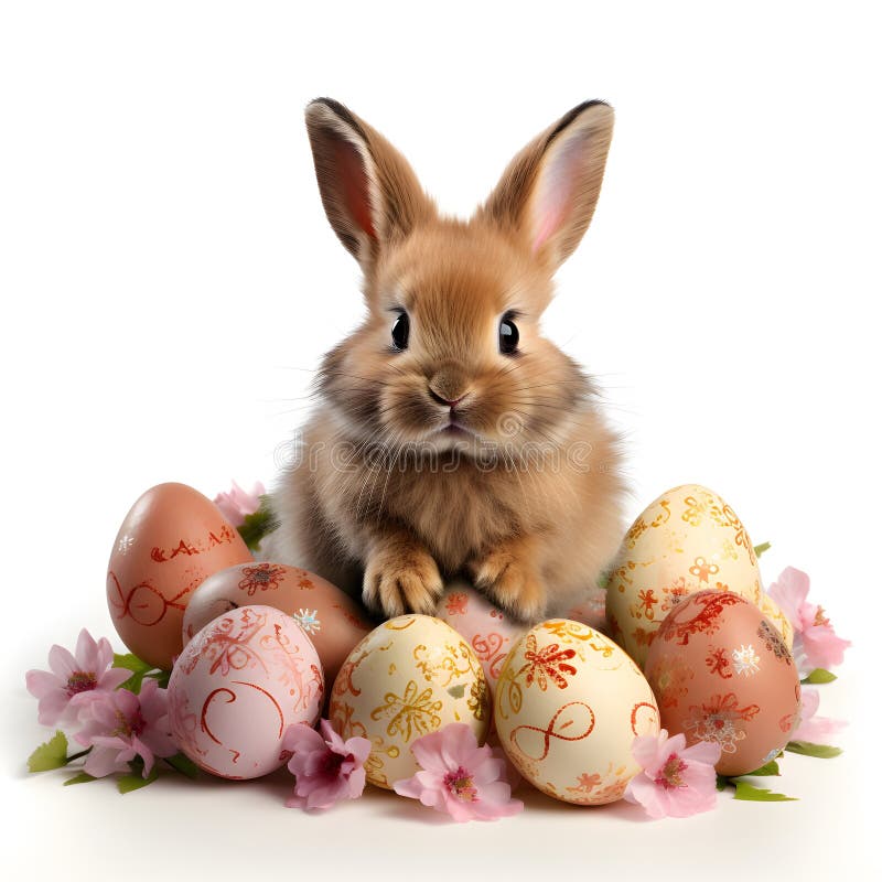 Rabbit Sitting in Front of Easter Decorated Eggs. Generative AI Stock ...