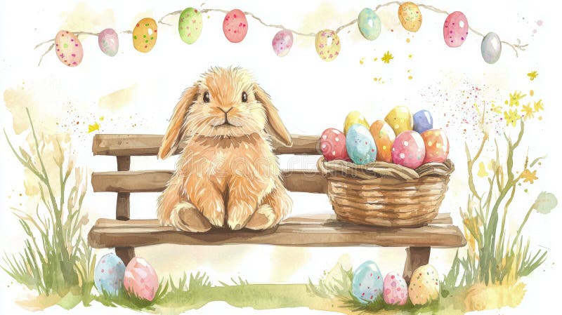 Cute Bunny Sitting on a Bench Surrounded by Colorful Easter Eggs and ...