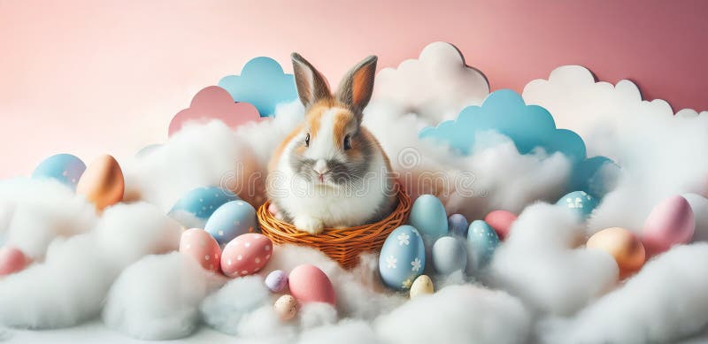 Cute Bunny Sitting on a Cloud among Easter Colorful Eggs Stock Photo ...