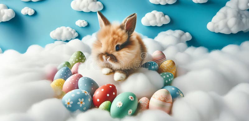Cute Bunny Sitting on a Cloud among Easter Colorful Eggs Stock Photo ...
