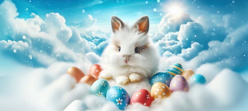 Cute Bunny Sitting on a Cloud among Easter Colorful Eggs Stock Photo ...