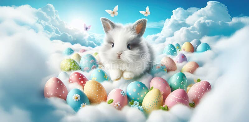 Cute Bunny Sitting on a Cloud among Easter Colorful Eggs Stock Photo ...