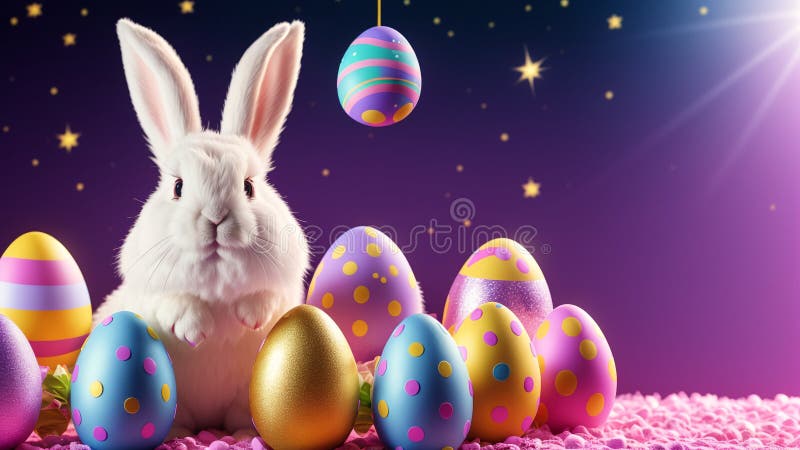 Cute Bunny Sitting with Colorful Easter Eggs Background AI Generative ...