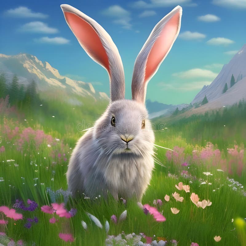Cute Bunny Sitting in a Flower Meadow Stock Illustration - Illustration ...