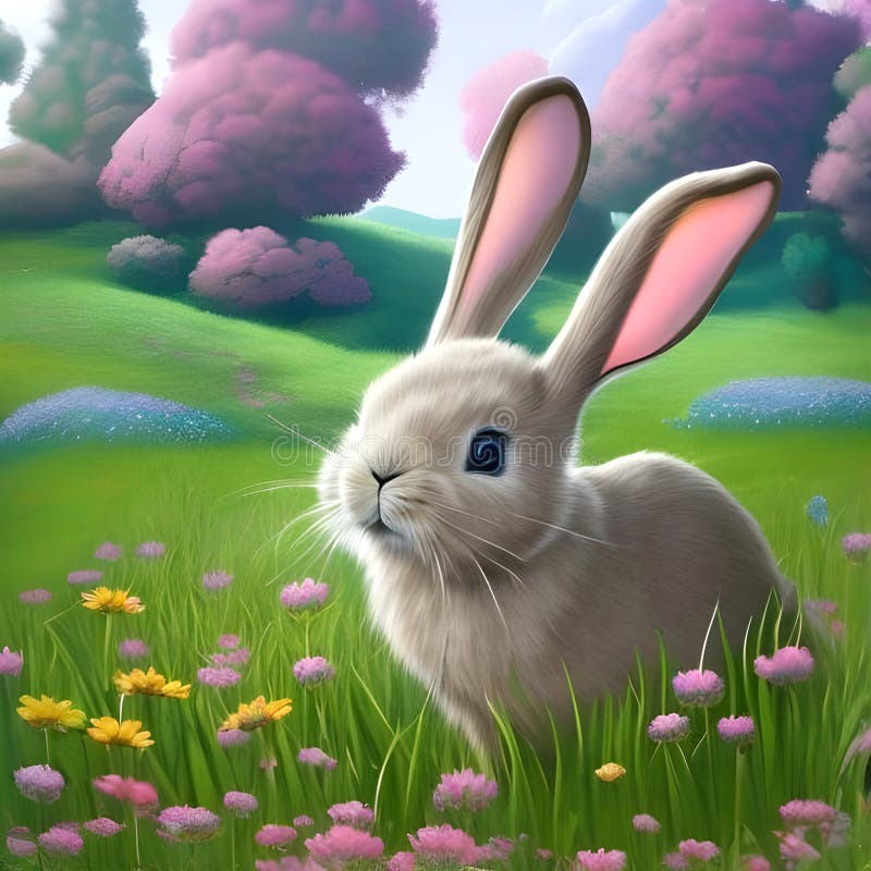 Cute Bunny Sitting in a Flower Meadow Stock Illustration - Illustration ...