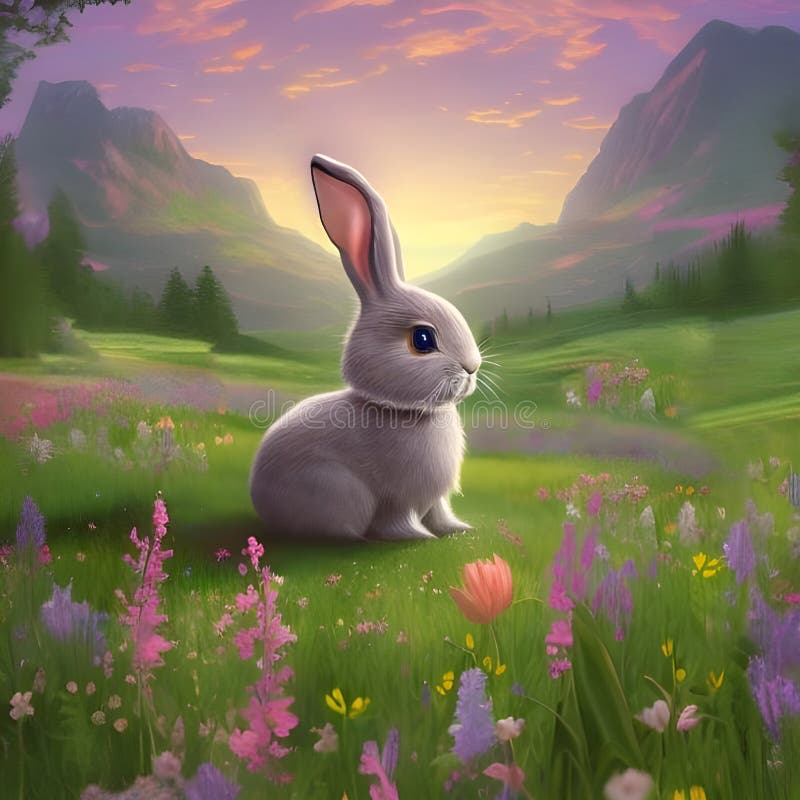 Cute Bunny Sitting in a Flower Meadow Stock Illustration - Illustration ...