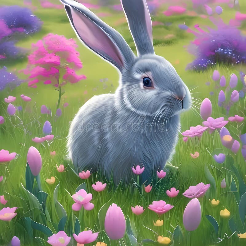 Cute Bunny Sitting in a Flower Meadow Stock Illustration - Illustration ...