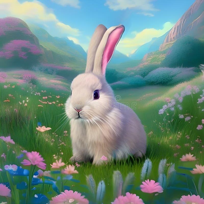 Cute Bunny Sitting in a Flower Meadow Stock Photo - Image of flower ...