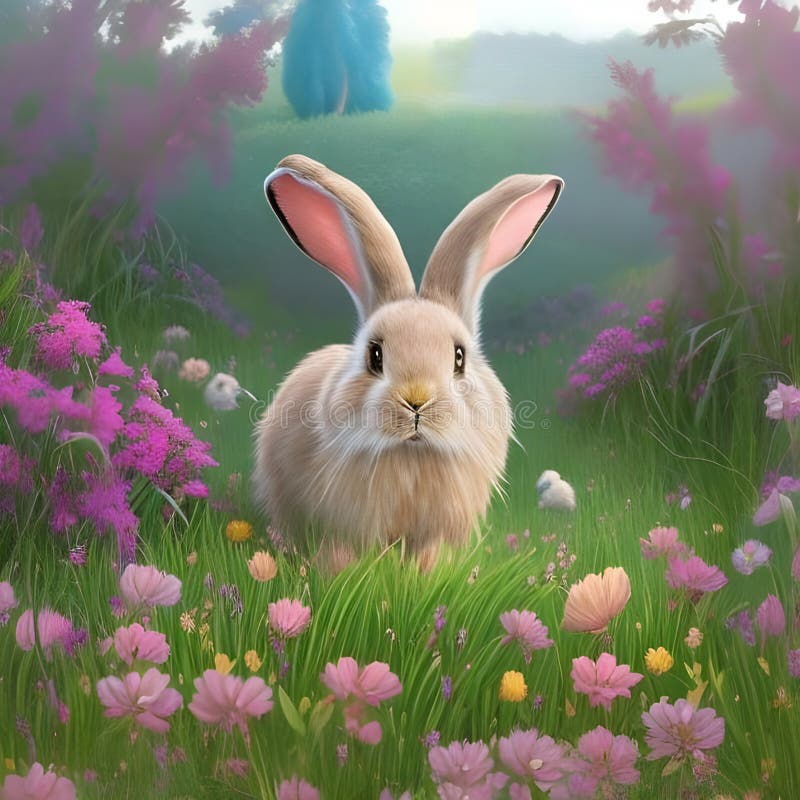 Cute Bunny Sitting in a Flower Meadow Stock Illustration - Illustration ...