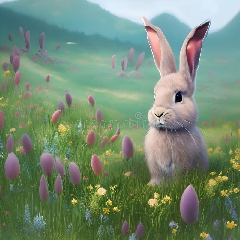 Cute Bunny Sitting in a Pink Flower Meadow Stock Illustration ...
