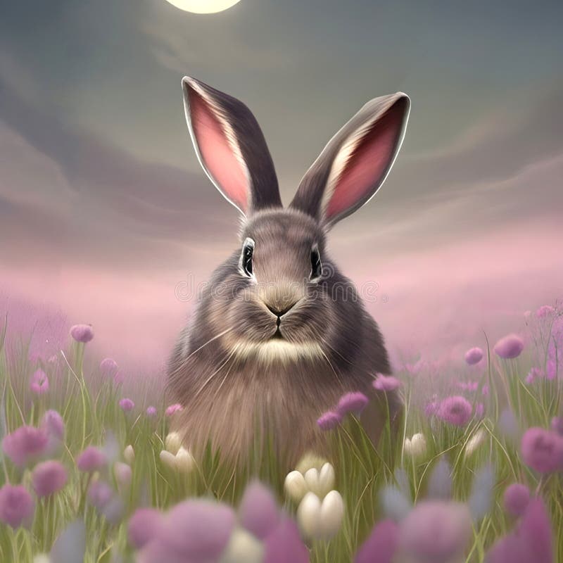 Cute Bunny Sitting in a Pink Flower Meadow Stock Illustration ...